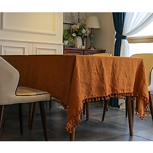 Dumlanrick Linen Table Cloth with Tassel - 100% Pure Linen 60x84 Inch Caramel Tablecloth, Washable Table Cover for Kitchen Dining Rectangle Tables Decoration