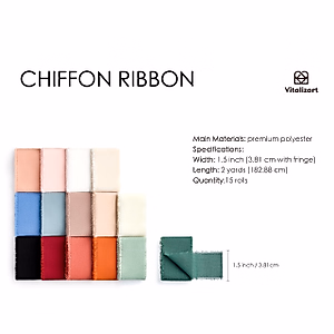 Vitalizart 15 Rolls 1.5" Chiffon Silk Ribbon Handmade Fringe Total 30 Yd Frayed Edges Ribbons for Wedding Invitations Bridal Bouquets Gifts Wrapping Crafts Holiday Decor