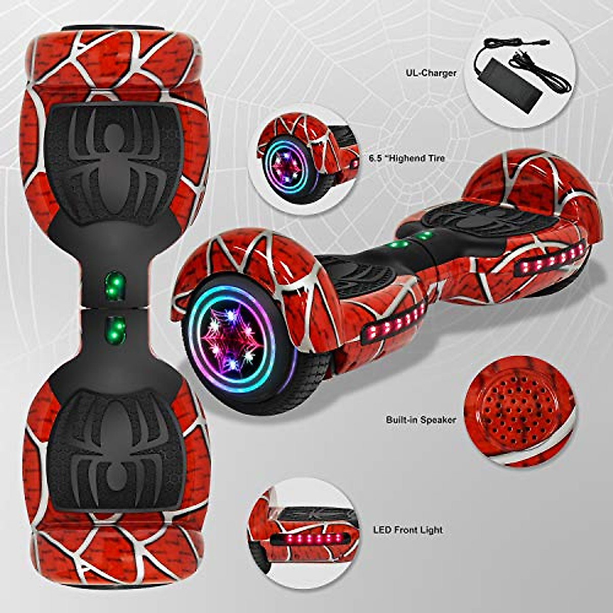 Hoverboard for Kids Adult Spider Self Balancing Hoverboard with LED Lights Wheels Speaker UL 2272 Certified Hover Board (RED)