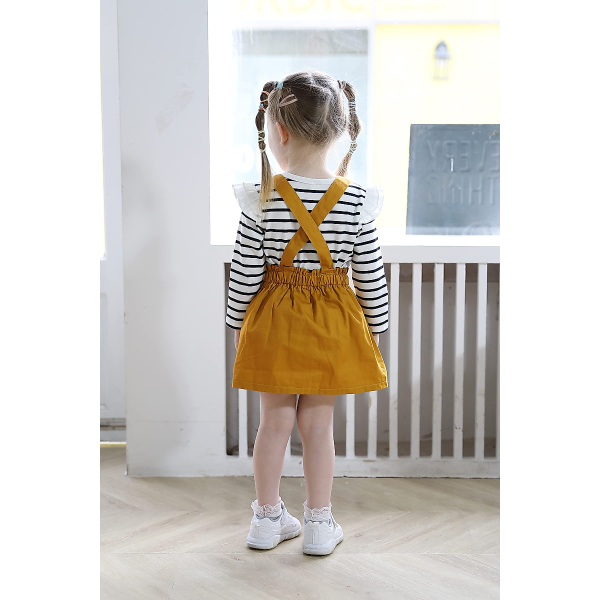 YOUNGER STAR Toddler Baby Girl Fall Outfits Long Sleeve T-shirt Top Suspender Skirt Overalls Toddler Girls Clothing Sets(2-3T,Yellow & T-shirt)
