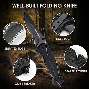 WONGSAM Pocket Knife for Men, Folding Knife with Glass Breaker, Seatbelt Cutter and Belt Clip, Black Survival Knife for Camping, Hiking, Fishing, Survival, Knives for Men