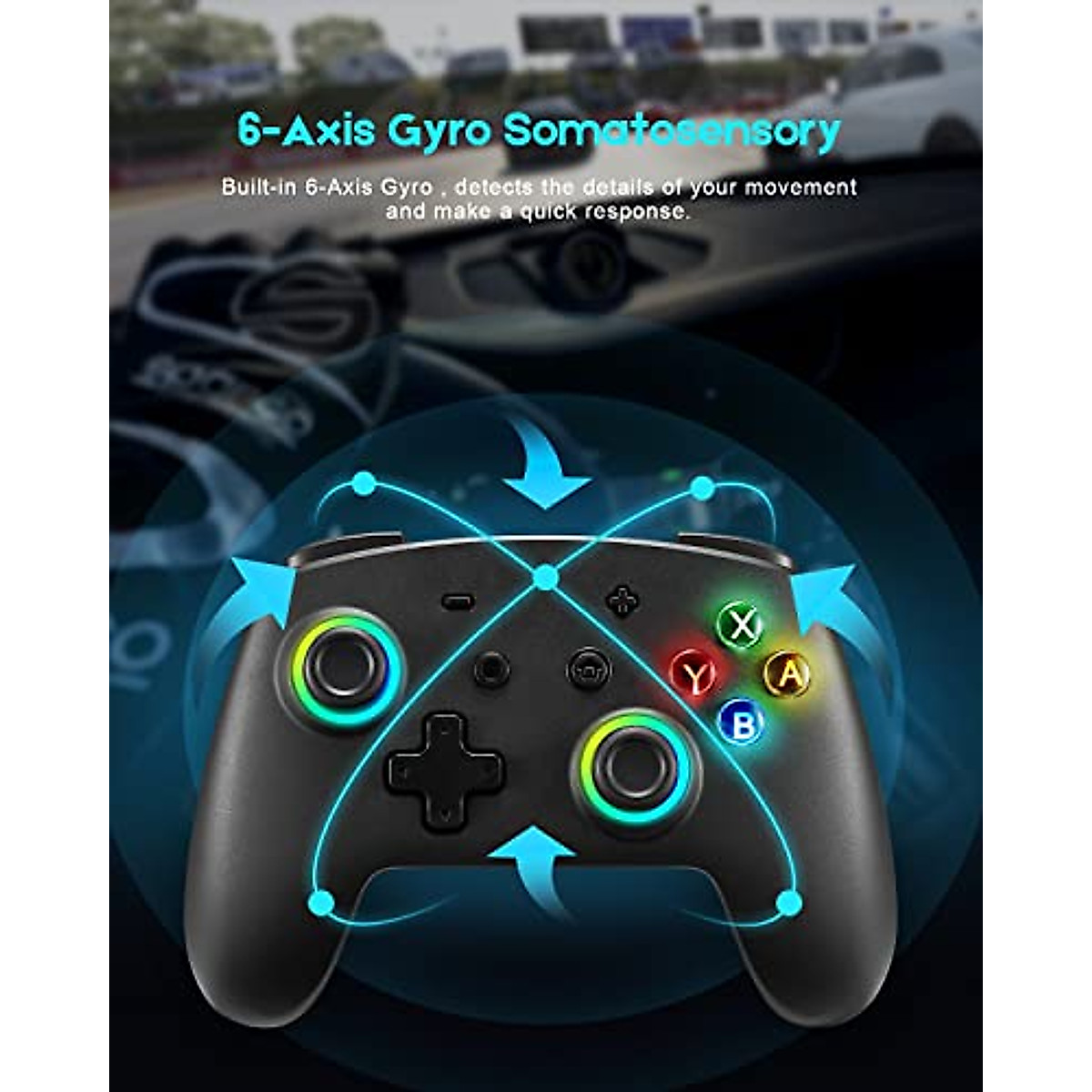 YKOEX Switch Controller, 9 LED Colors, Switch Pro Controller Compatible with Switch/Switch OLED/Switch Lite, Wireless Gamepad with Back Buttons/Programmable/Motion Control/Dual Vibration/Turbo