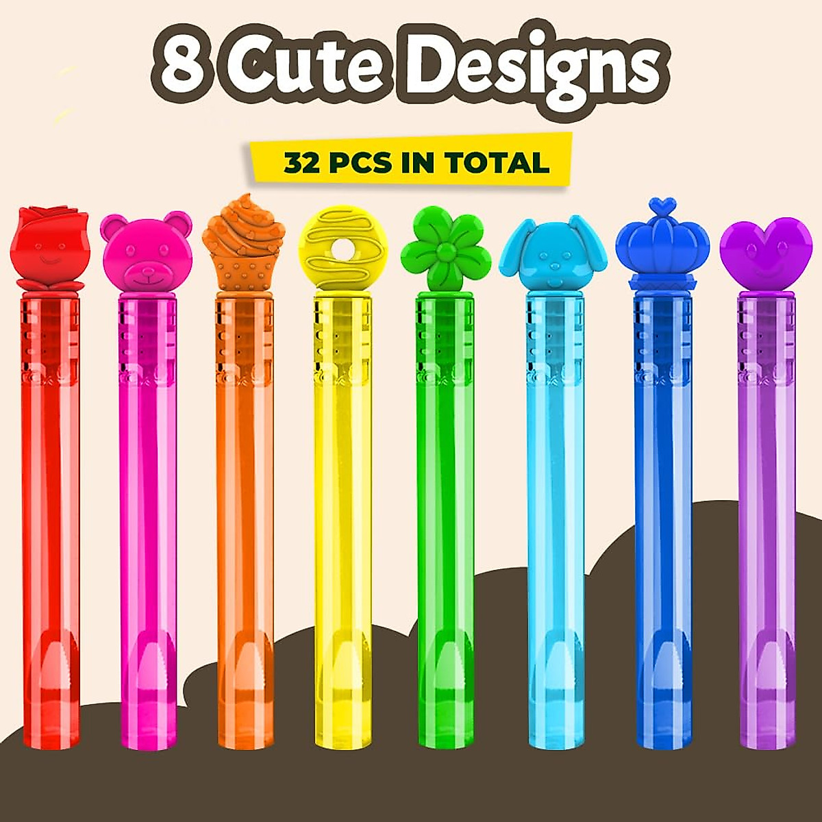 VKTEN 32Pcs Mini Bubble Wands Assortment 8 Styles 8 Colors Bubble Party Favors for Kids, Bubbles for Kids, Birthday Party Favors, Bath Time, Classroom Prizes Gifts Stocking Stuffers for Girls Boys