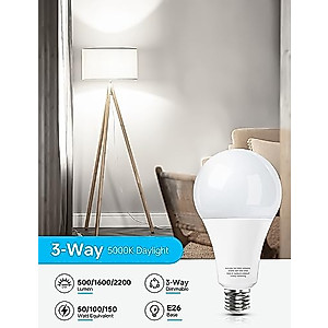 KINDEEP 3 Way LED Light Bulbs 50 100 150 Watt Equivalent, Three Way A21 LED Bulbs, E26 Base, Daylight White 5000K, 500 1600 2200LM for Home Reading, Desk Lamp, Table Lamp, 2 Pack
