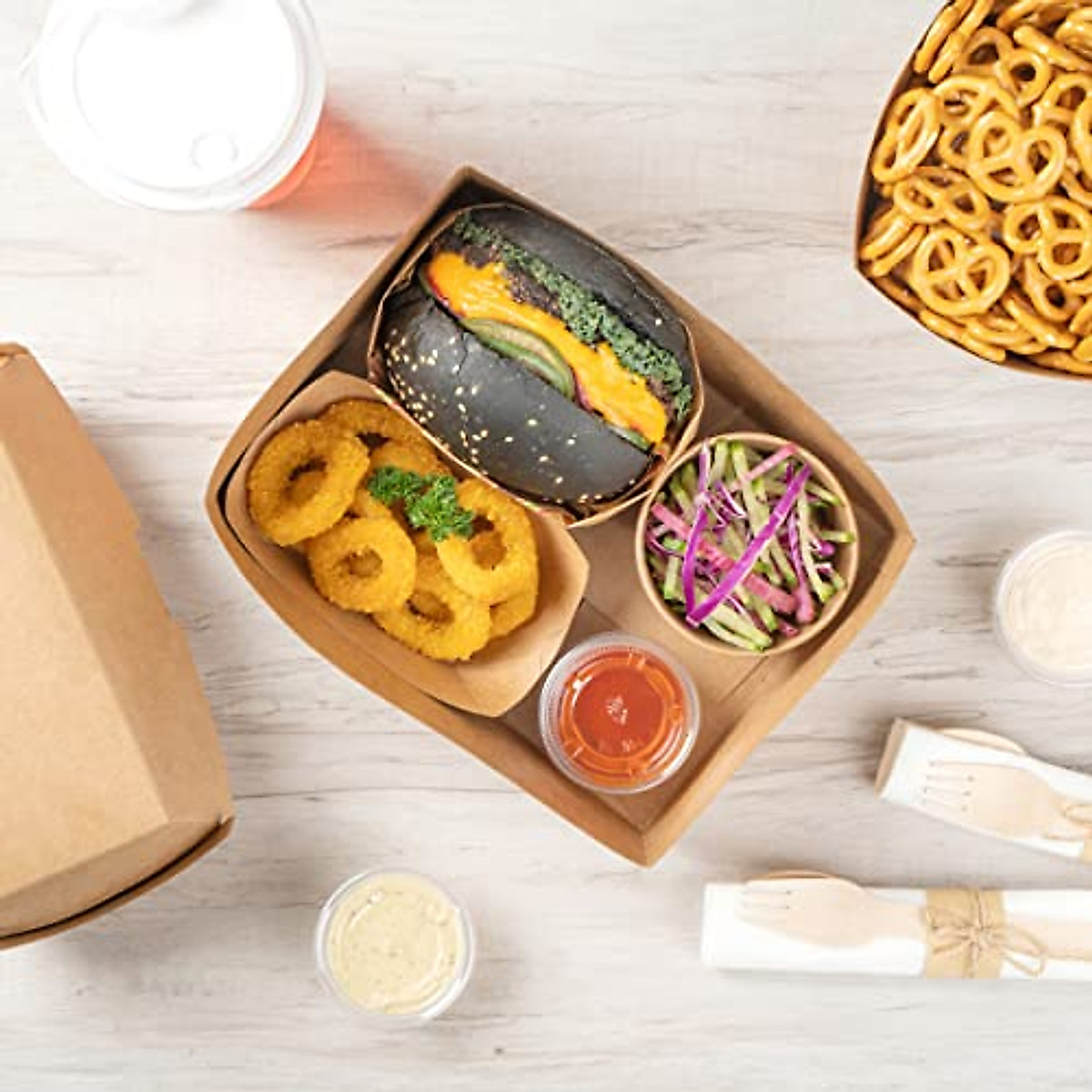 Restaurantware Bio Tek 8.4 x 6 x 3.5 Inch Burger Trays 100 Disposable Paper Food Trays - Recyclable Sturdy Kraft Paper Movie Snack Trays For Meals Snacks And Baked Goods