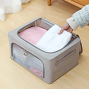 FAikhom 3 Pack Clothes Storage Bins Stackable Storage Box Large Capacity Foldable Metal Frame Storage Container Organizer with Mesh Window and Carrying Handles (Small-22L, Light Gray)