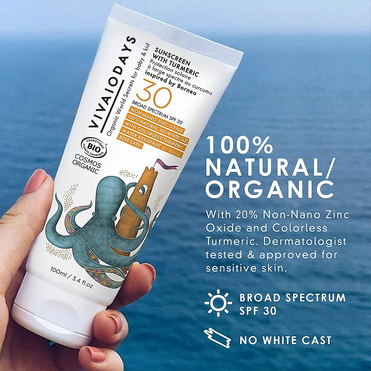 VIVAIODAYS - Sunscreen with Turmeric, Body & Facial Sunscreen with Broad Spectrum SPF 30, Sunscreen Lotion for Babies & Adults, Sun Skin Care, Reef Friendly Sunscreen, COSMOS ORGANIC Certified, 100 ml