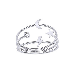 Samaira Jewelry Natural Diamond Accent Dainty Lightning Bolt, Moon & Star Three-Band Ring in 14k White Gold Plated 925 Sterling Silver Ring (0.04 Cttw, I-J Color, I2-I3 Clarity) Size-6