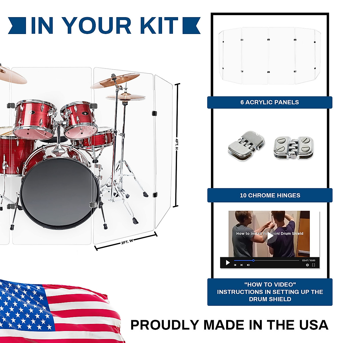 PENNZONI Drum Shield 5ft w/Chrome Hinges, Comes w/ 6 Drum Panels, & Chrome Hinges, Premium Clear Acrylic Panels, Drum Screen