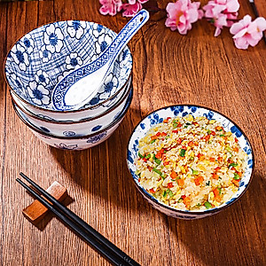 LMRLCS Ceramic Rice Bowls, 4.5 inch Rice Bowl, White and Blue Rice Bowls for Soup Oat Rice Snack