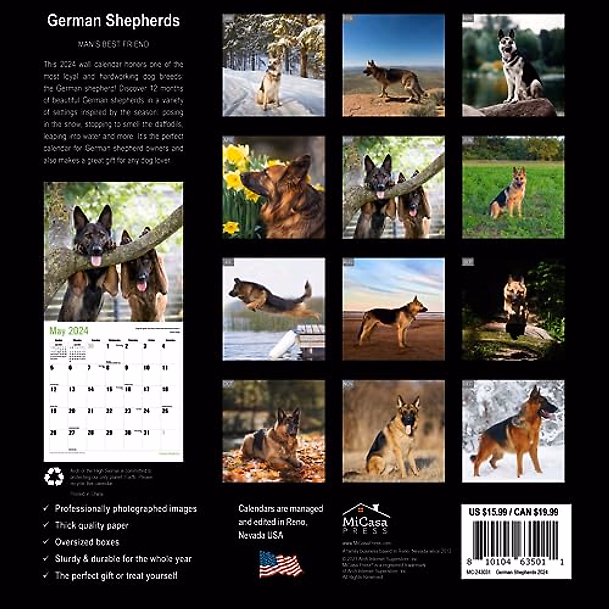 MICASA German Shepherds 2024 Wall Calendar 12 Month | 12" x 24" Open | Thick & Sturdy Paper | Giftable | Calendar 2024