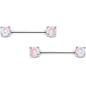 Body Candy Steel Iridescent White Accent Captive Ring Barbell Nipple Ring Set 14 Gauge 1/2"