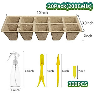 200Cells Seedling Start Trays with Drain Holes,20pcs Peat Pots Seedling Pots Biodegradable,Seedling Starter Kit,Organic Germination Plant Starter Trays(200xLabels,2xTransplant Tools,1xSpray Bottle)