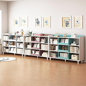 NELYE Wooden Cube Bookcase with Legs - 3-Tier Open Shelf Kidsroom Sorted Storage Cabinet Organizer for Books and Toys, 9-Cube Lattice Cute Cubby Bookshelf in White Mixed Westlake Blue, 55" W