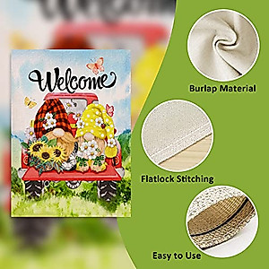 Covido Home Decorative Welcome Spring Gnome Couple Garden Flag, Summer Red Truck Butterfly Yard Daisy Flower Sunflower Plaid Check Outside Decoration, Floral Polka Dots Outdoor Small Decor 12x18