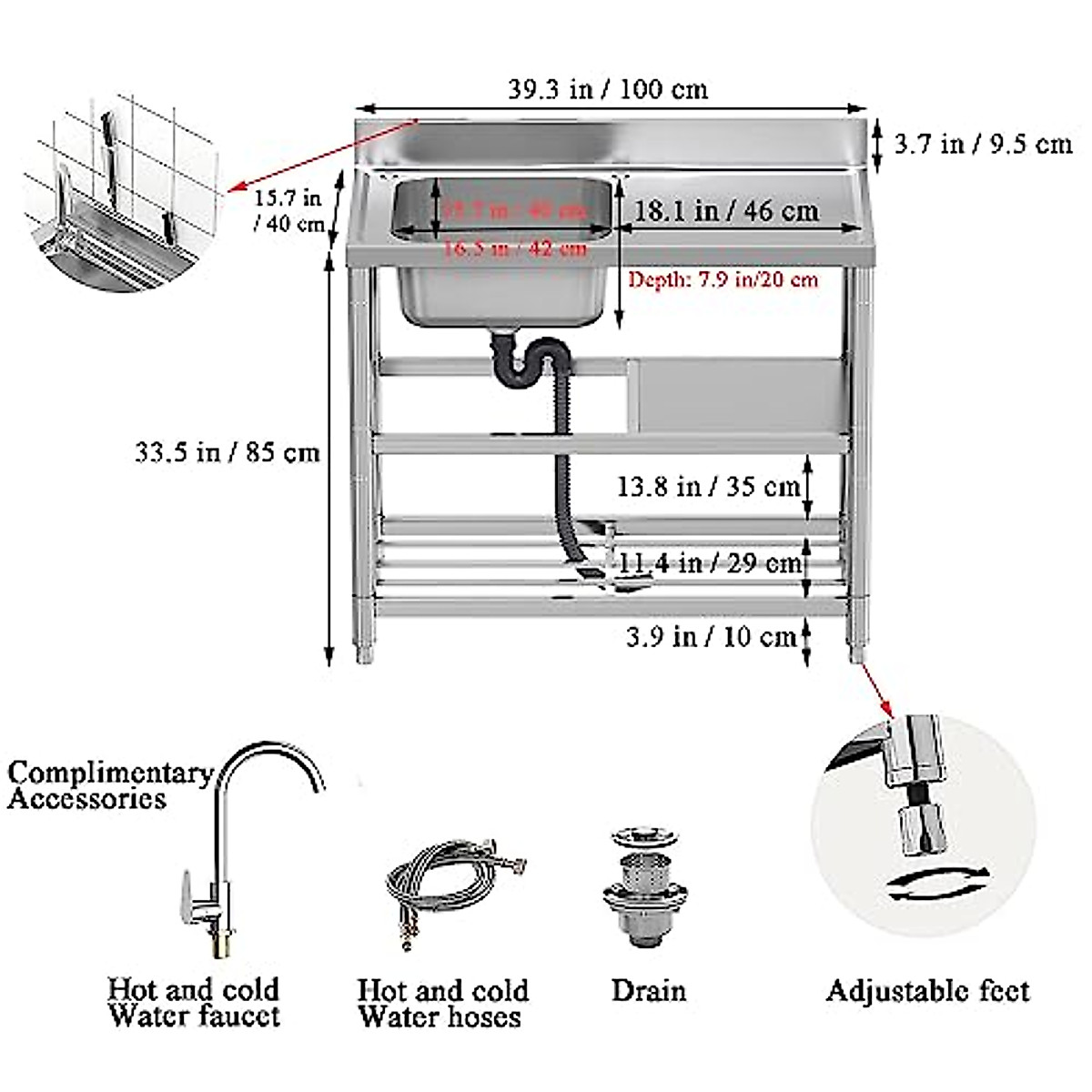 IOXGSGI Free Standing Stainless-Steel Single Bowl Commercial Restaurant Kitchen Sink Set W/Faucet & Drainboard, Prep & Utility Washing Hand Basin Wwworkbench & Double Storage Shelves (39.5In)