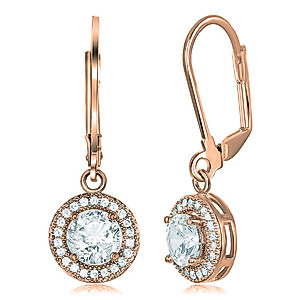 Cate & Chloe Juliana 18k Rose Gold Plated Halo Dangle Earrings | Women's Gold Drop Dangle Earrings with Solitaire Round Cut Cubic Zirconia Crystals, CZ Halo Earring Set for Women, Gift for Her