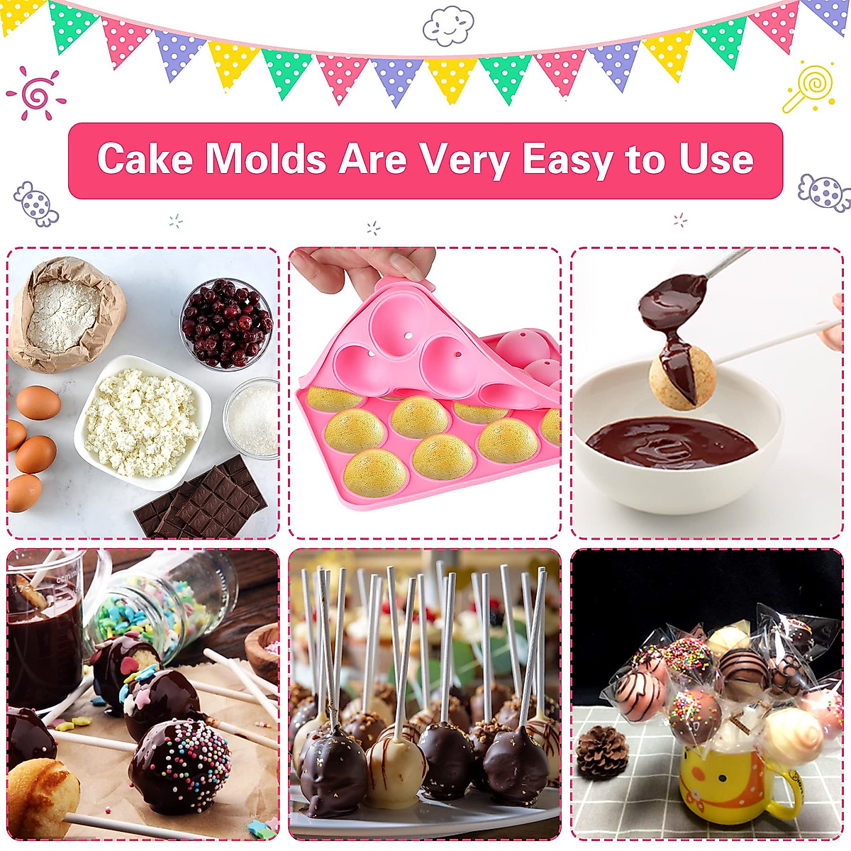 JULMELON Cake Pop Mold,12pcs Capacity Silicone Cake Pop Mold Set, Cake Pop Maker with 100pcs Cake Pop Sticks 100pcs Candy Treat Bags100pcs Gold Ties for Lollipop Candy Chocolate Making and Packing