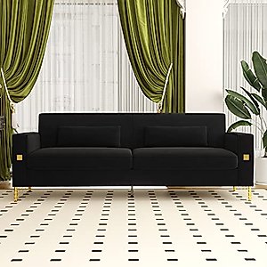 TUBAIHON 85" Black Velvet Couch Living Room Sofa for 3 People Modern Sofa with Gold Metal Lges & Firm Frame for Bedroom/Office