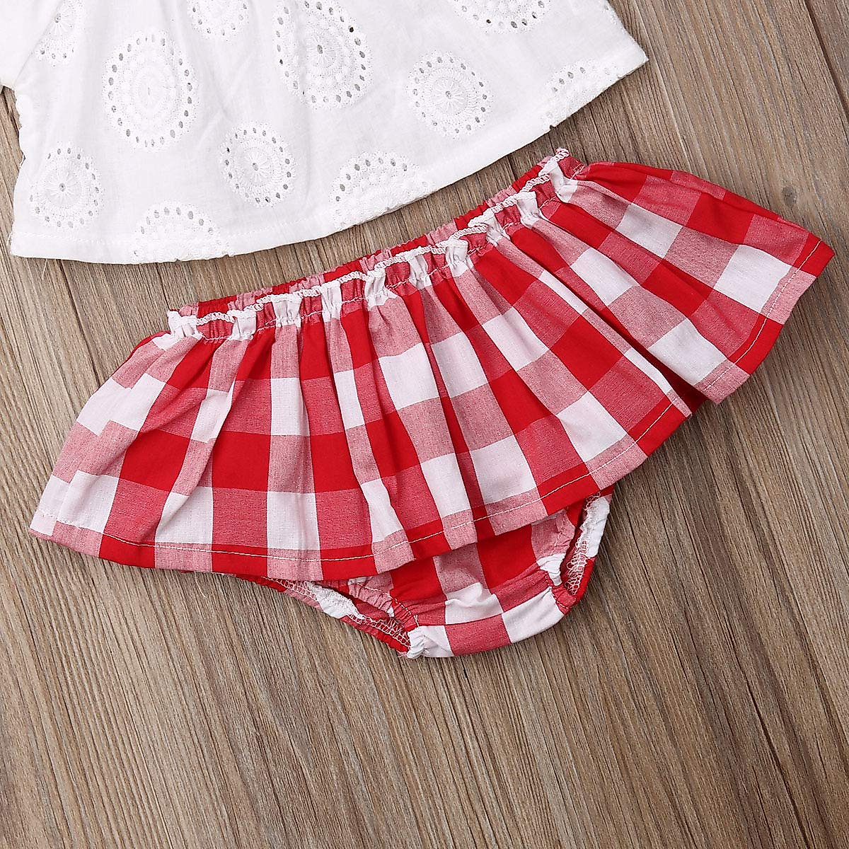 YANGLU Infant Baby Girl Off Shoulder Lace Tops+Plaid Shorts Skirts Tutu Dress Outfits Summer Clothes (White Top+Red Plaid Shorts, 6-12 Months)