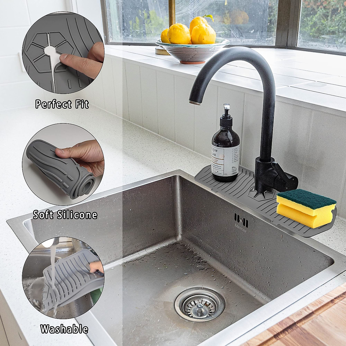 Kitchen Sink Splash Guard Behind Faucet, Longer Faucet Water Catcher Mat for Countertop, Drip Catcher Tray, Non-Slip Sink Protector, Grey