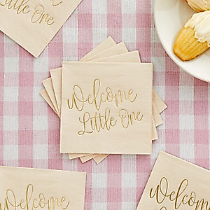 BLUE PANDA 50 Pack Pink Baby Shower Napkins - “Welcome Little One”Light Tan Napkins with Gold Foil for Baby Shower Decorations (5x5 In) - Baby Shower Napkins for Girl - Napkins for Baby Shower