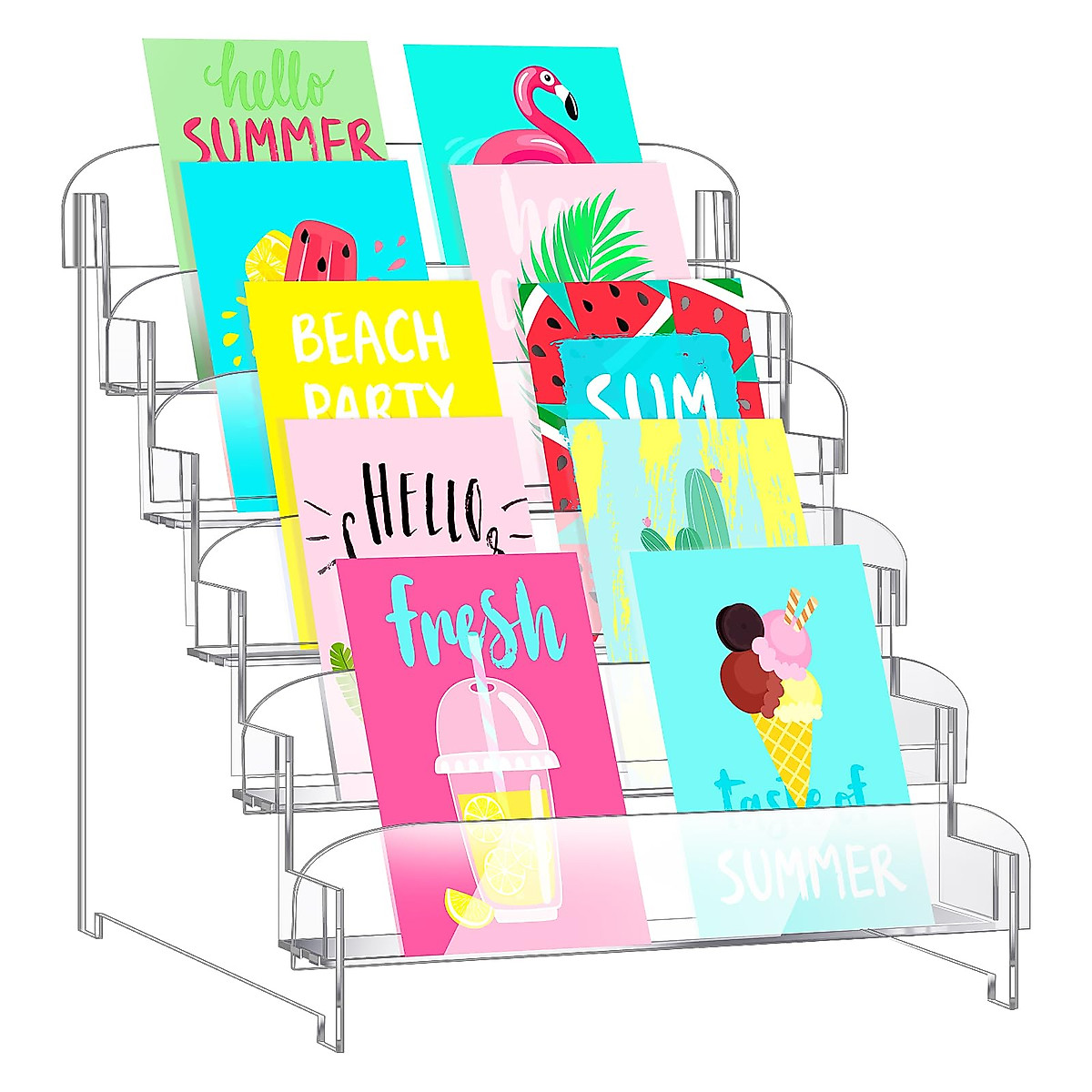 Yalikop 5 Tier Acrylic Greeting Card Display Stand Portable Greeting Card Display Rack Storage Sticker Greeting Card Organizer Stamp Postcard Mail Greeting Card Holder for Retail Counter Desk