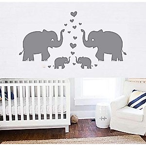 Elephant Wall Decal Family Wall Decal With Hearts and Butterfly Wall Decals Baby Nursery Decor Kids Room Wall Stickers, Grey