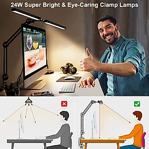 Svcouok 24W Desk Lamps for Home Office - Bright Tall Desk Lamp with Clamp 3 Color Dimmable Architect Desk Lamp Office Lights for Desk Monitor Studio Reading