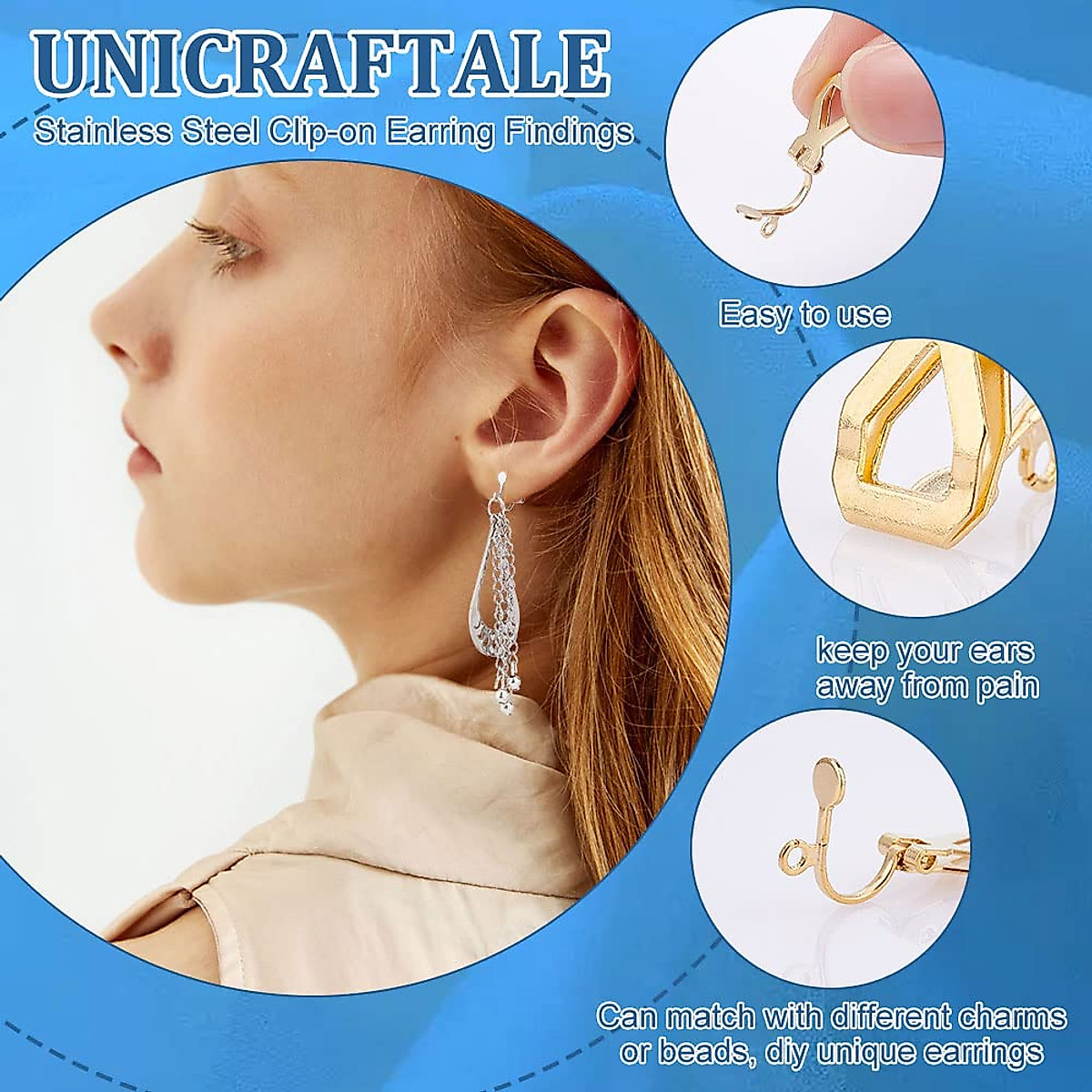 UNICRAFTALE 20pcs Stainless Steel Clip-on Earrings Painless Ear Clip Non-Pierced Ears Golden Stainless Steel Color Clip-on Earring Converter Components DIY Earring 12mm Long