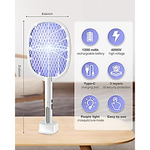2PACK Electric Fly Swatter,4000V Bug Zapper Racket,2 in 1 Mosquito Zapper Racket with 1200ml Battery Rechargeable Purple Mosquito Killer Lamp with 3 Layers Safety Net Suitable for Indoor and Outdoor