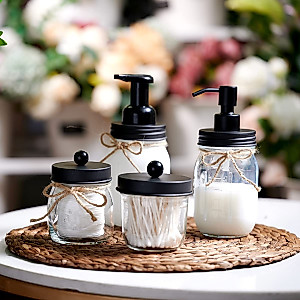 Amolliar Mason Jar Bathroom Accessories Set 4 Pack - Foaming Soap Dispenser&2 Qtip Holders&Toothbrush Holder-Rustic Farmhouse Decor Bathroom Organizer Apothecary Jar Country Countertop (Black)