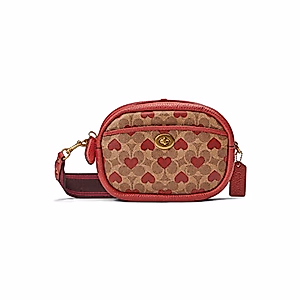 COACH Coated Canvas Signature with Heart Print Camera Bag with Webbing Strap Tan Red Apple One Size
