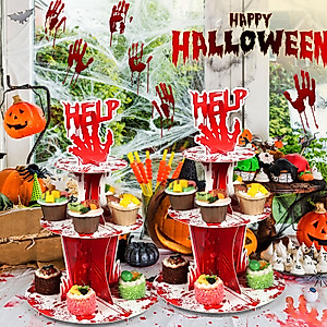 Sliner 2 PCS Halloween Bloody Cupcake Stand Party Decorations Bloody Handprint Cupcake Holder Halloween Bloody Help Cake Holder Bloody Dessert Stand for Halloween Bloody Horror Scary Party Supplies