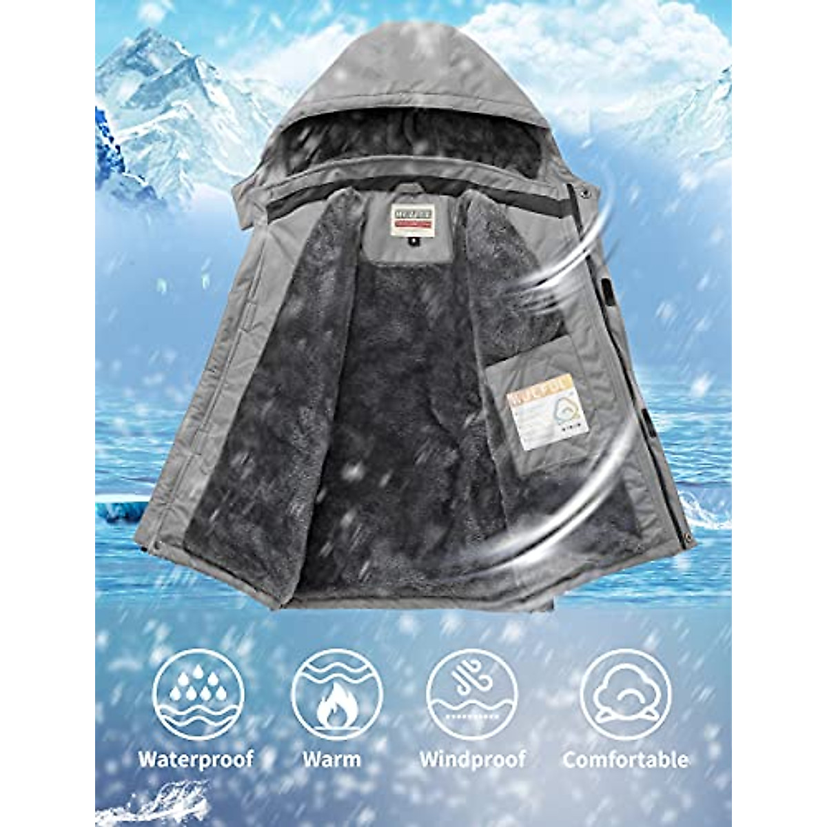 WULFUL Boy's Waterproof Ski Jacket Warm Fleece Hooded Windproof Winter Snow Coat