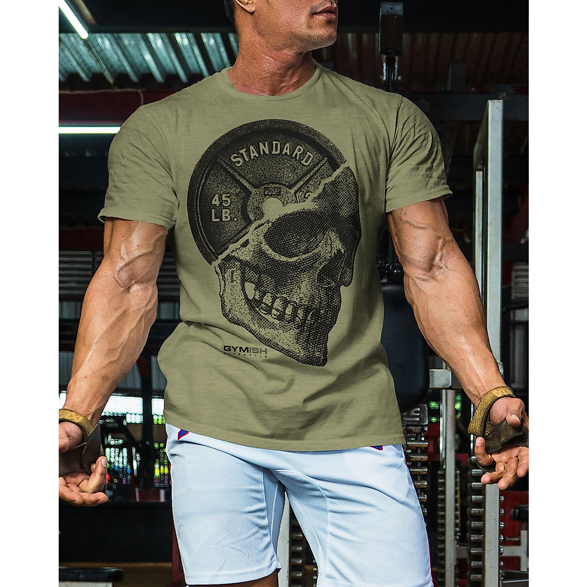 Gymish Lifestyle Skull Plate Gym Shirt, Work Out Deadlift Skull T-Shirt for Men (LG, SkullPlate Military Green)