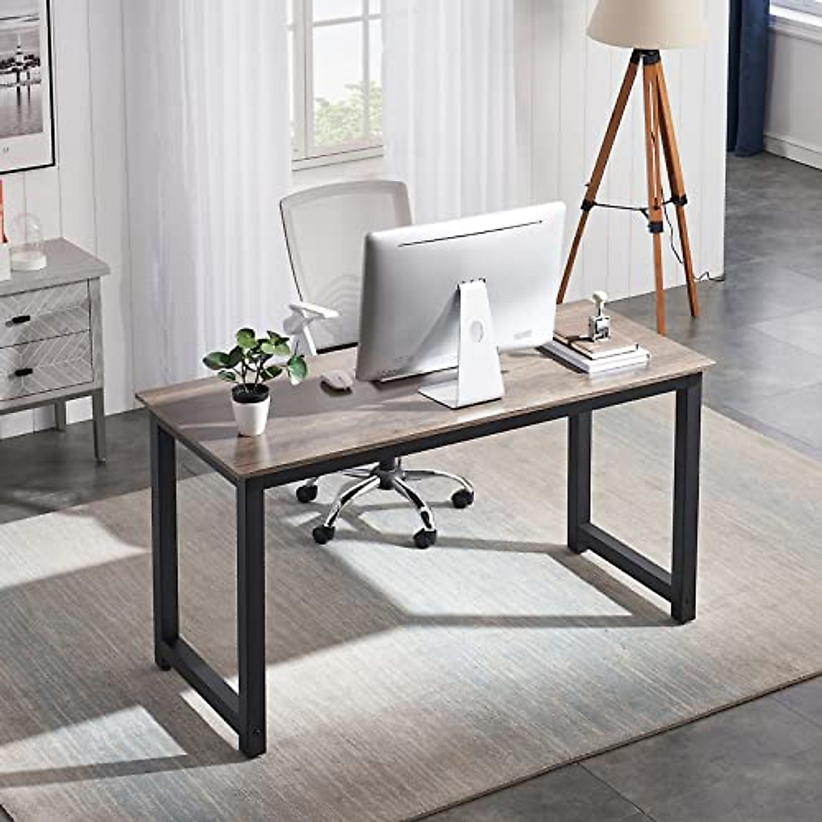 OFICS 55.1" Large Computer Desk,Modern Simple Style PC Laptop Desk for Home Office,Office Desk Workstation with Wide Metal Sturdy Frame,Thicker Steel Legs Study Desk,Rustic/Black