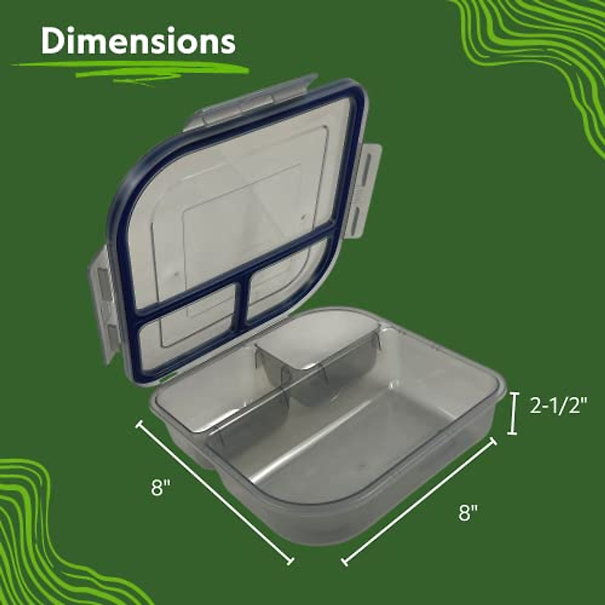 MyGo Container Small To-Go 3-Compartment Food Container, 8" x 8" x 2-1/2", Reusable, Microwave Safe, Smoke/Blue