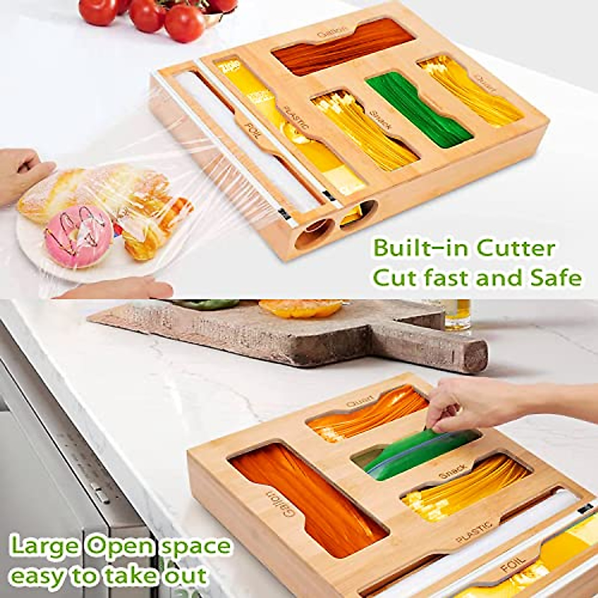 Ziplock Bag Organizer, Bag Storage Organizer for Kitchen Drawer, Plastic Wrap Dispenser with Cutter, 6 IN 1 Bamboo Foil and Plastic Wrap Organizer, Compatible with Gallon Quart Sandwich and Snack Bag