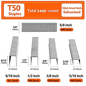 SITLDY Heavy Duty T50 Staples 5400-Count 5 Sizes Includes: 5/16",3/8",1/2",9/16" Staples+5/8" Brad Nails, 20 Gauge Galvanized Assorted Size Project Pack