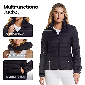 Weatherproof Women's Packable Puffer Jacket with Travel Neck Pillow - Lightweight, Warm, Water-Resistant Down Jacket (Large) Black | Quilted, Packable Travel Jacket with Long Zipper