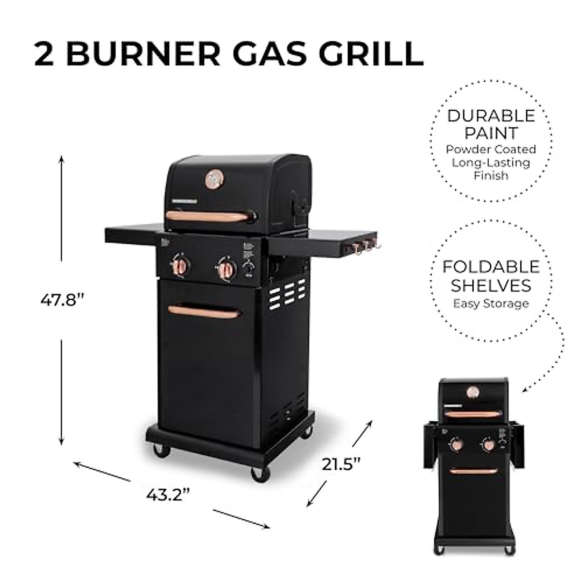 Permasteel 2-Burner Gas Grill, Foldable Side Tables, Grilling Tool Hooks, Propane Gas Barbecue Grill, Black with Copper Accent