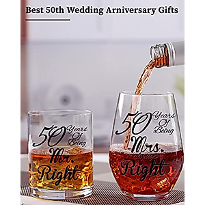 50th Wedding Anniversary - 50th Wedding Gifts for Dad, Mom, Husband, Wife, 50th Wedding Anniversary Decorations, 50th Gifts for Parents-Wine&Whiskey Glass Gift for Mr and Mrs,His and Hers18.5,13.8OZ