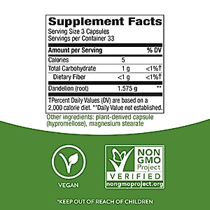 Nature's Way Dandelion Root, 1,575 mg per serving, Non-GMO, Gluten Free, Vegetarian, 100 Capsules