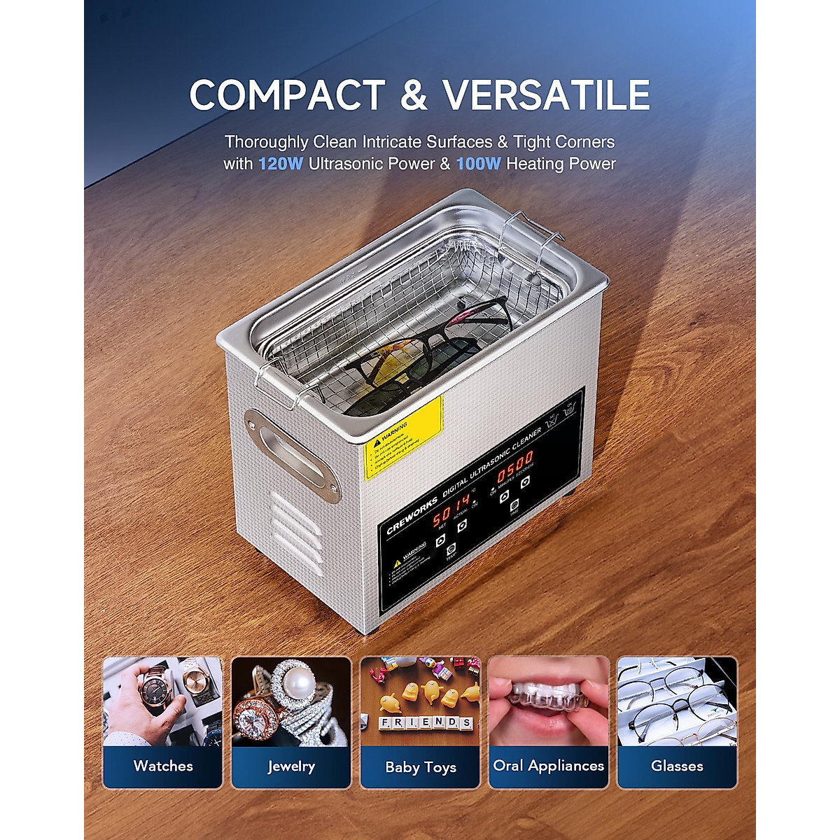 CREWORKS 3L Ultrasonic Cleaner, 0.8 gal Digital Sonic Cavitation Machine, 120W Stainless Steel Professional Jewelry Cleaner for Cleaning Tool Watch Glasses Retainer Denture Parts with Heater & Timer