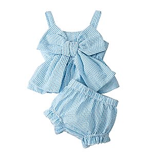 LYSINK Newborn Baby Girl Clothes Stripe Sleeveless Bowknot Tank Top Shorts Set Summer Outfits Cute Baby Clothes Girl 0-18 Months (Blue,0-3 Months)