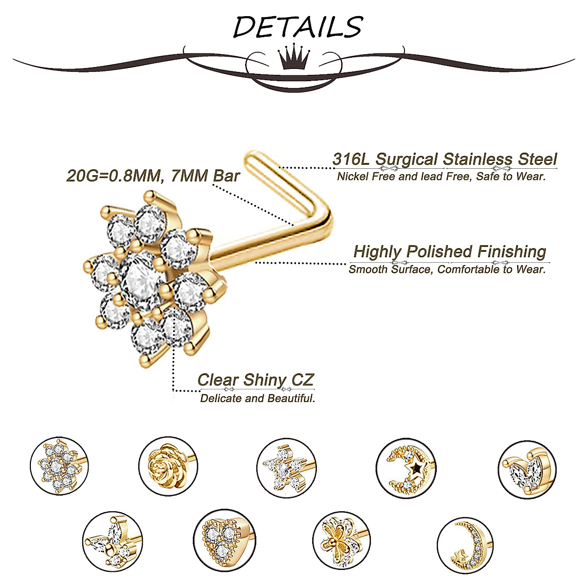 Masedy 9Pcs 20G Stainless Steel Nose Rings L Shaped Nose Studs Flower Screw Nose Rings for Women Men Nose Piercing Set LG