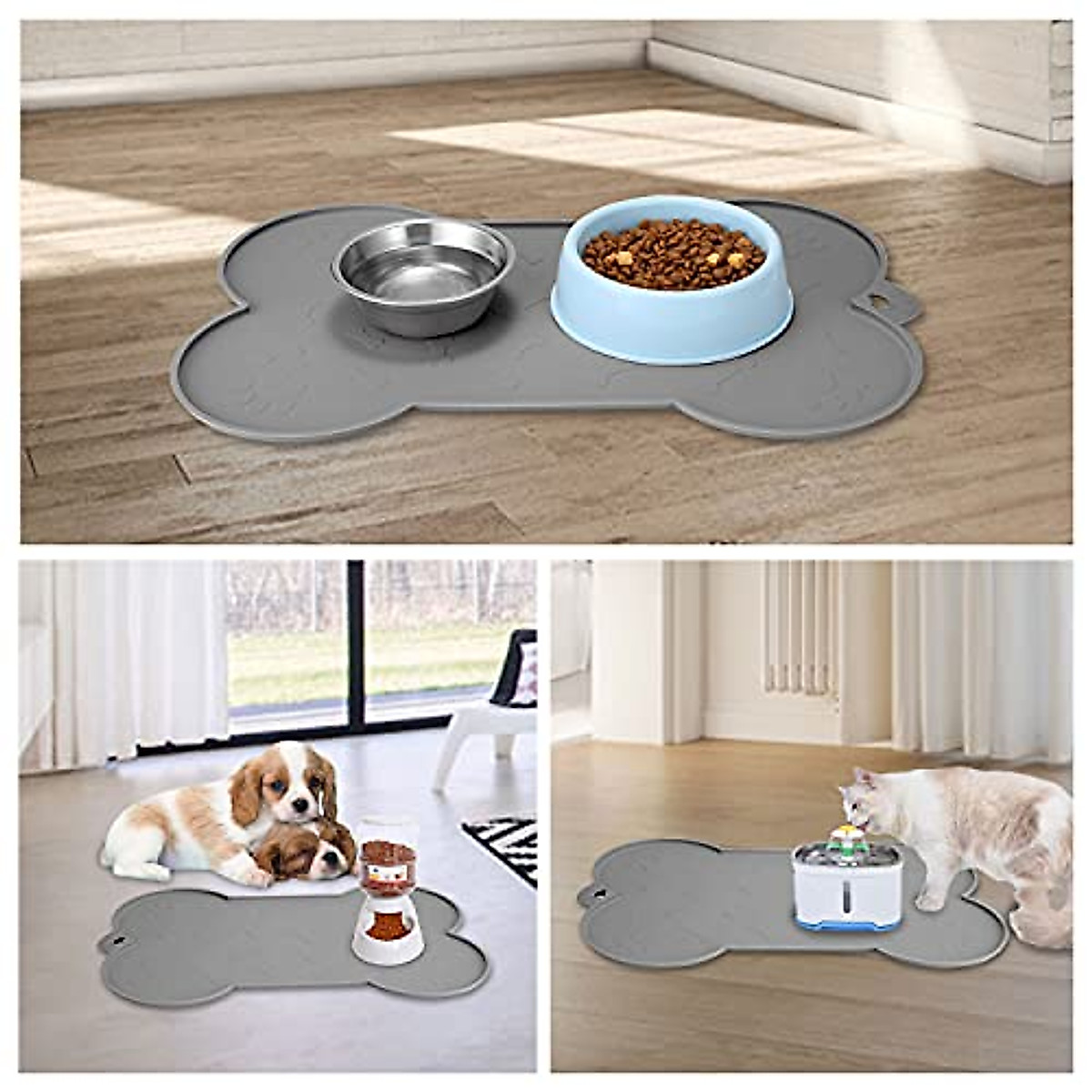 Dog Bowl Mat, NWFHTD Dog Mat for Food and Water Pet Cat Large Small Silicone Rubber Plastic Waterproof Feeding Eating Dish Placemat Trays with Edges Lip for Floor, 17.7"x11.8", Black