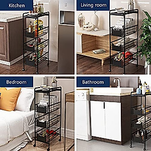 LOYALHEARTDY 4-Tier Carbon Steel Slim Rolling Cart 9.4Inch Width Kitchen Storage Organizer Mobile Shelving Unit Storage Carts with Lockable Wheels Slide Out Storage Tower Rack