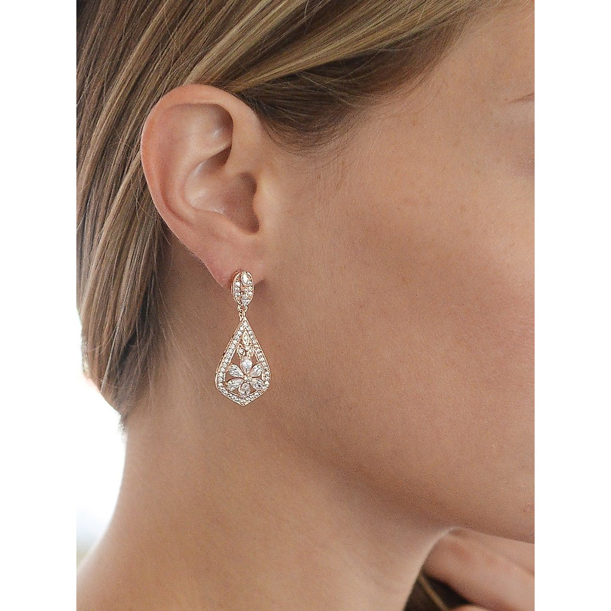 Mariell CZ Clip On Rose Gold Earrings - Art Deco Jewelry for Weddings, Bridal, Bridesmaids & Formals